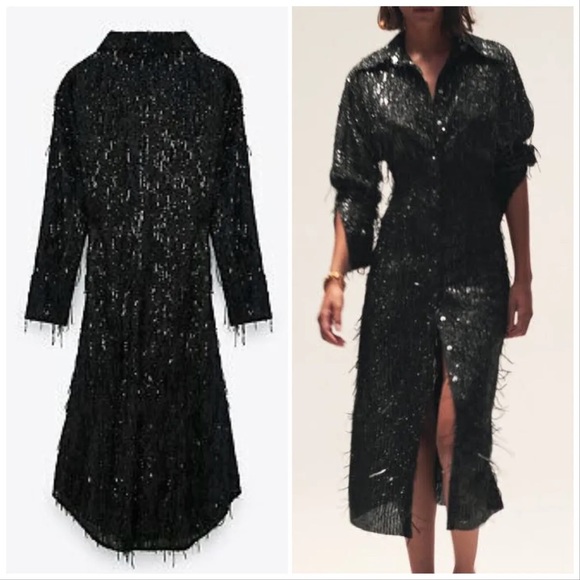 Zara | Dresses | Nwt Zara Limited Edition Sequined Shirt Dress Black Fringe | Poshmark
